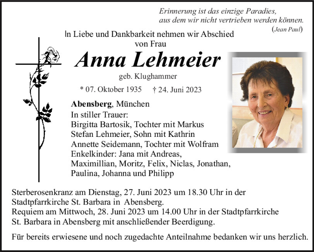 Traueranzeigen von Anna Lehmeier | Mittelbayerische Trauer