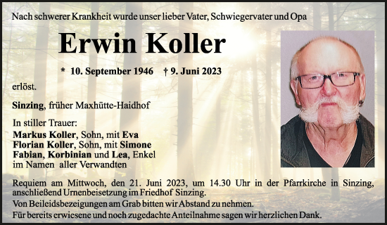 Traueranzeigen von Erwin Koller | Mittelbayerische Trauer