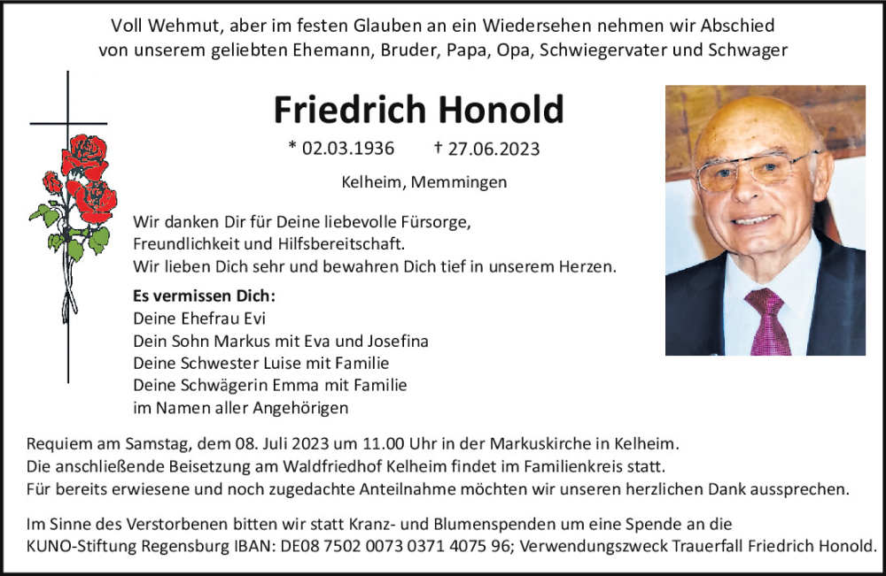 Traueranzeigen von Friedrich Honold | Mittelbayerische Trauer