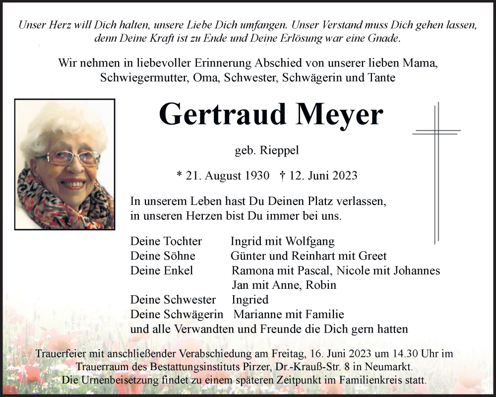 Traueranzeigen von Gertraud Meyer | Mittelbayerische Trauer