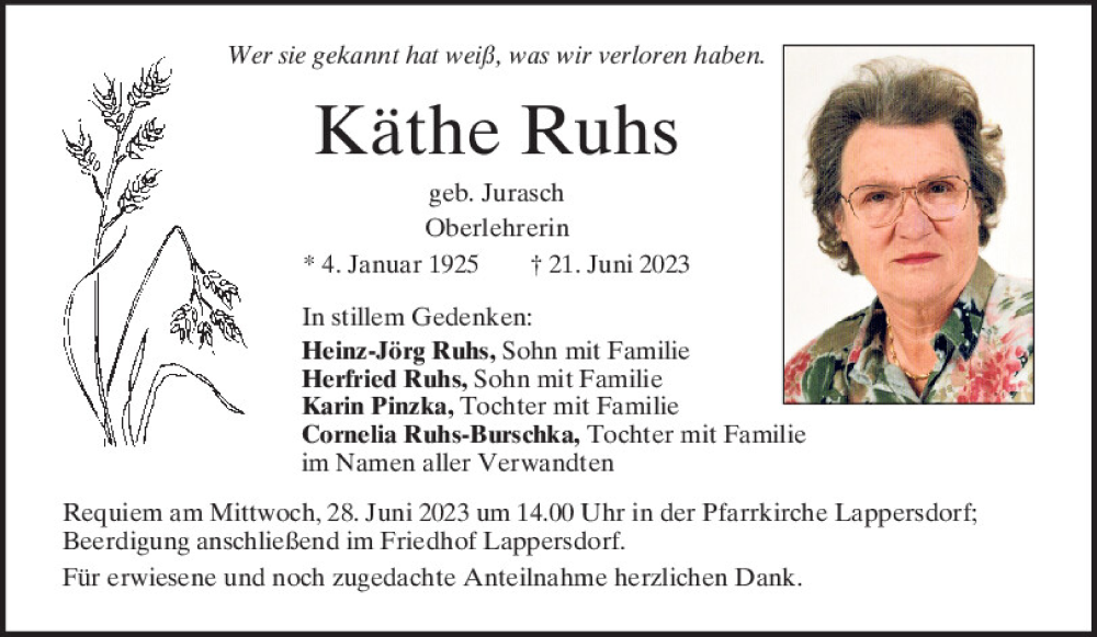 Traueranzeigen von Käthe Ruhs | Mittelbayerische Trauer