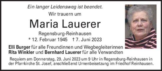 Traueranzeigen von Maria Lauerer | Mittelbayerische Trauer