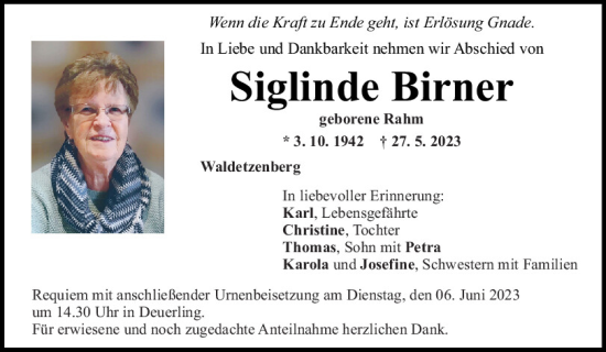 Traueranzeigen von Siglinde Birner | Mittelbayerische Trauer