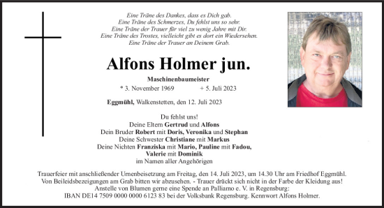 Traueranzeigen von Alfons Holmer jun. | Mittelbayerische Trauer