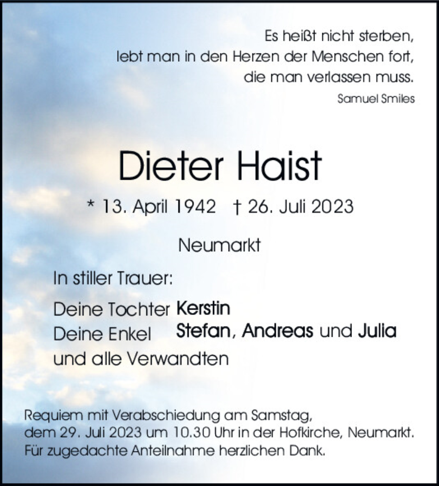 Traueranzeigen von Dieter Haist | Mittelbayerische Trauer