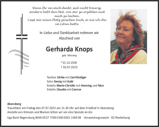 Traueranzeigen von Gerharda Knops | Mittelbayerische Trauer