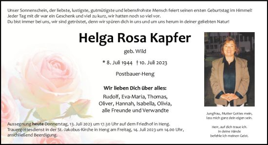 Traueranzeigen von Helga Rosa Kapfer | Mittelbayerische Trauer