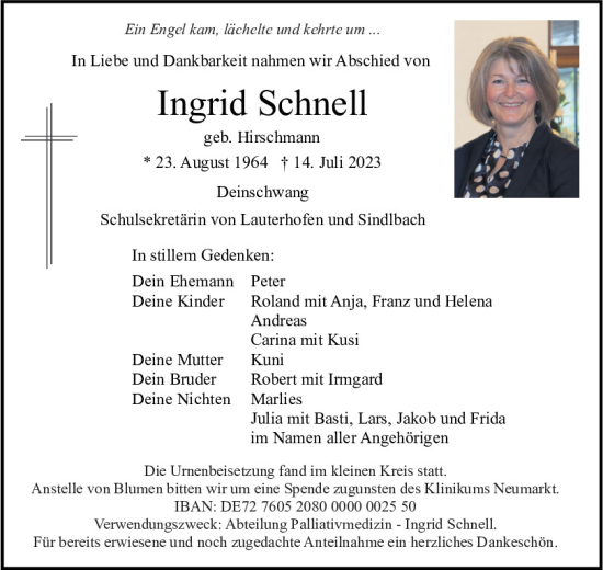 Traueranzeigen von Ingrid Schnell | Mittelbayerische Trauer