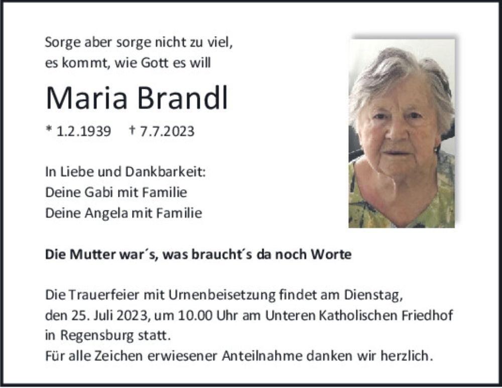 Traueranzeigen von Maria Brandl | Mittelbayerische Trauer