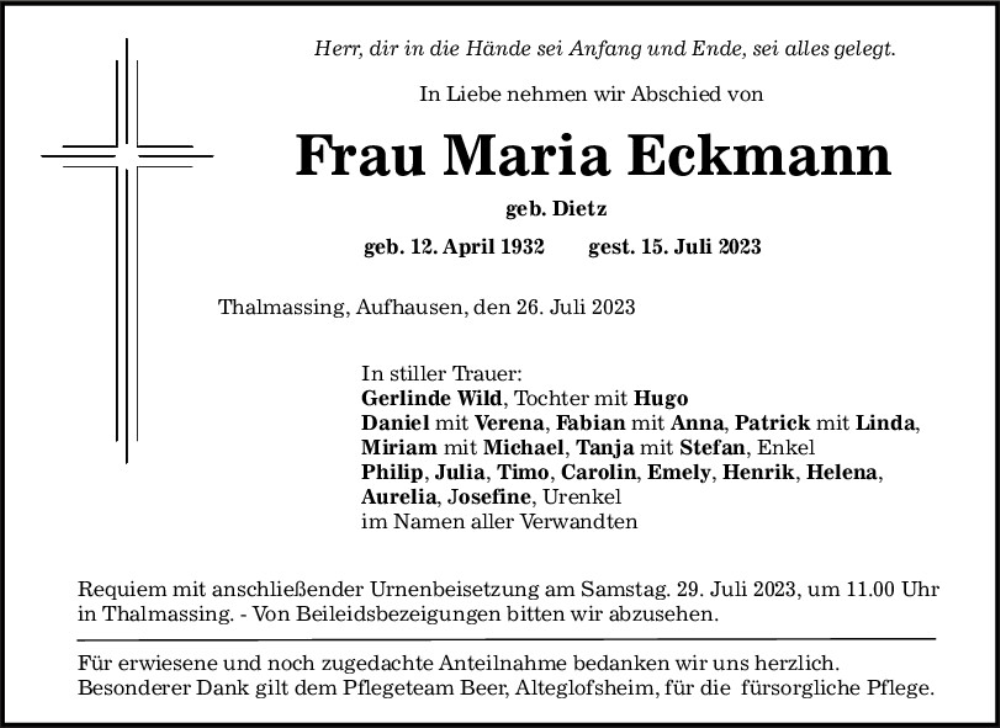 Traueranzeigen von Maria Eckmann | Mittelbayerische Trauer