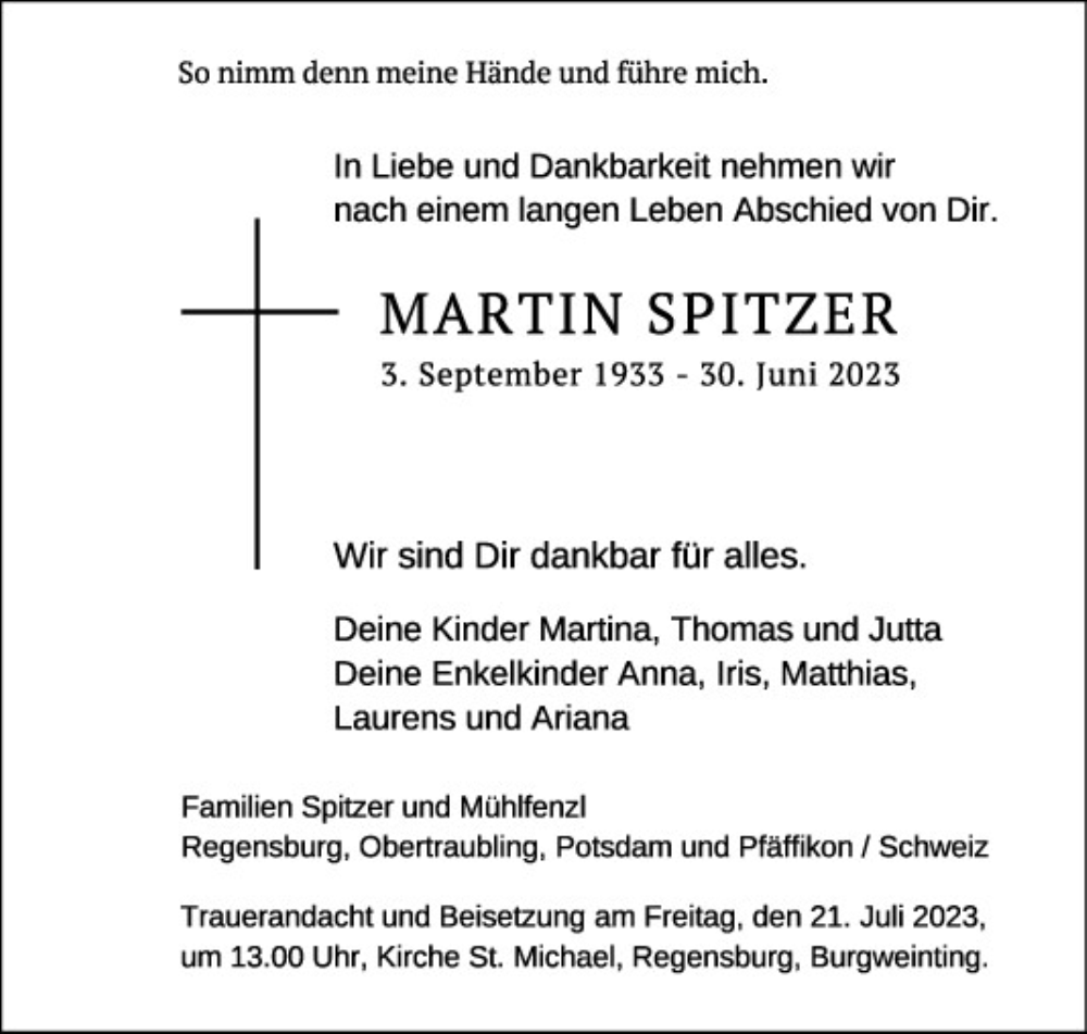 Traueranzeigen von Martin Spitzer | Mittelbayerische Trauer