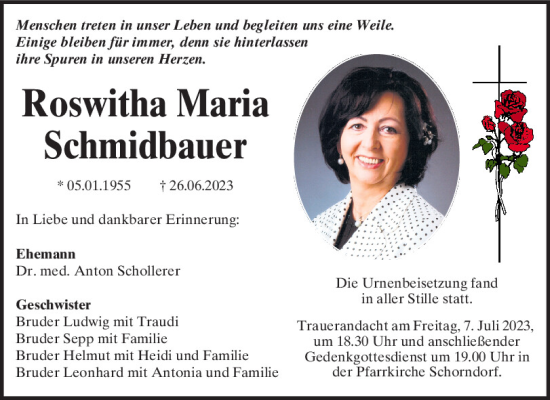Traueranzeigen von Roswitha Maria Schmidbauer | Mittelbayerische Trauer