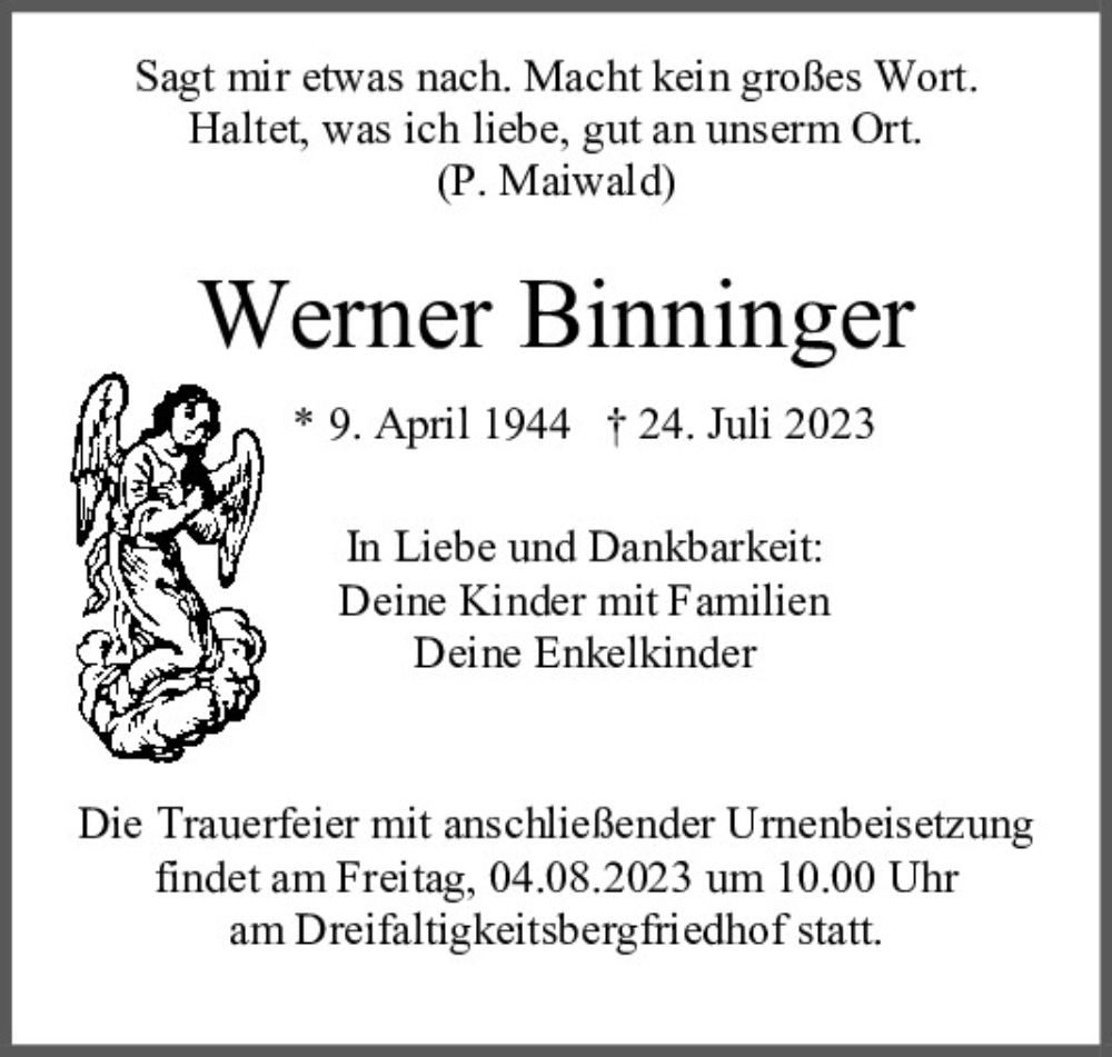 Traueranzeigen von Werner Binninger | Mittelbayerische Trauer