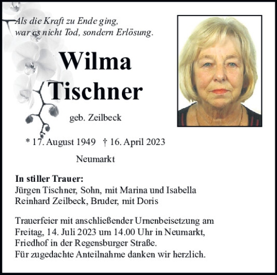 Traueranzeigen von Wilma Tischner | Mittelbayerische Trauer