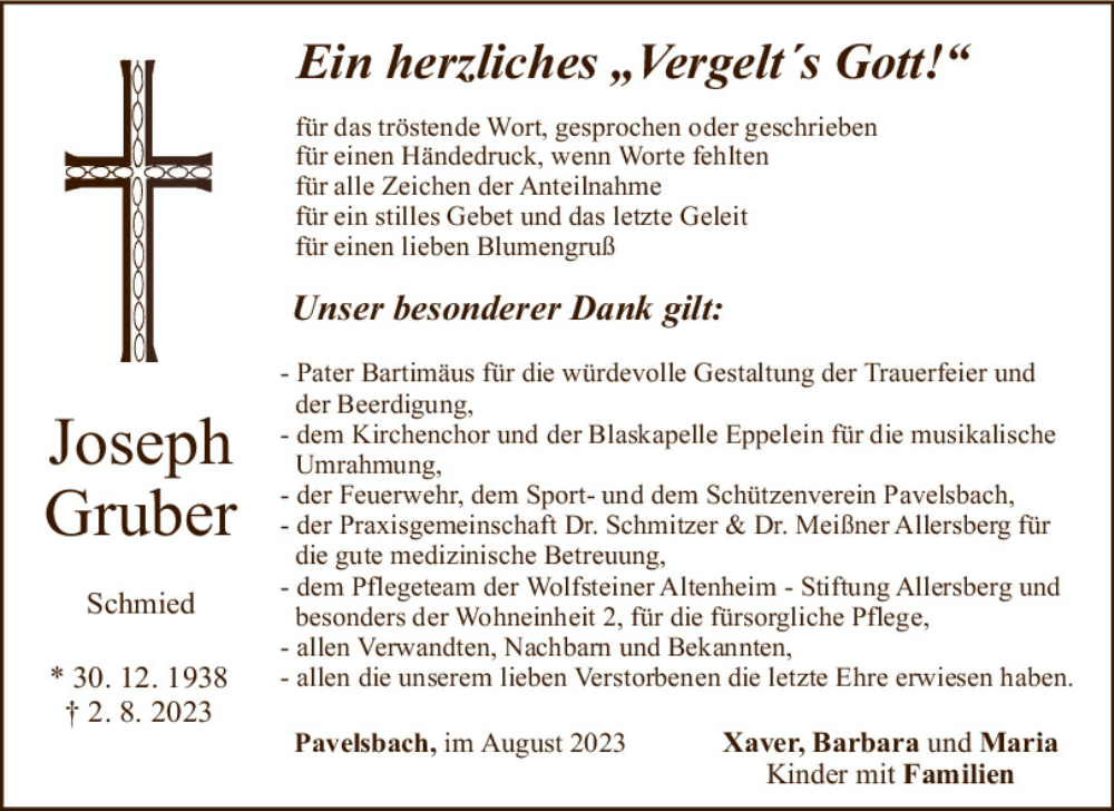 Traueranzeigen von Joseph Gruber | Mittelbayerische Trauer