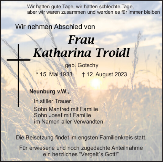 Traueranzeigen von Katharina Troidl | Mittelbayerische Trauer
