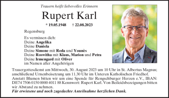 Traueranzeigen von Rupert Karl | Mittelbayerische Trauer