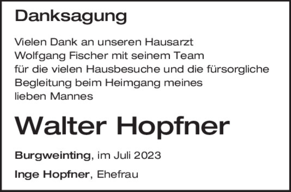 Traueranzeigen von Walter Hopfner | Mittelbayerische Trauer