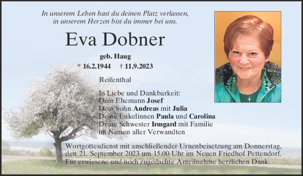 Traueranzeigen von Eva Dobner | Mittelbayerische Trauer