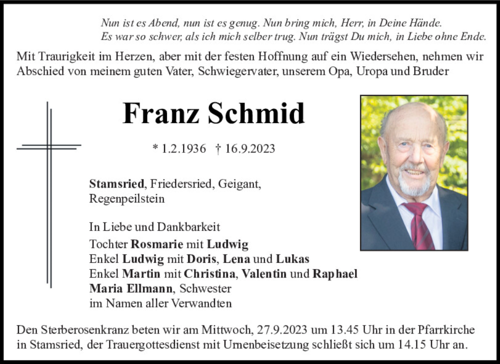 Traueranzeigen von Franz Schmid | Mittelbayerische Trauer