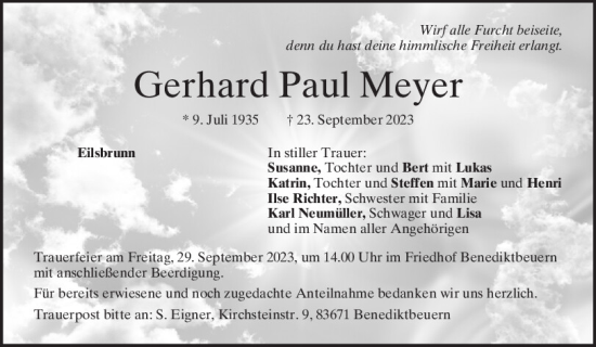 Traueranzeigen von Gerhard Paul Meyer | Mittelbayerische Trauer