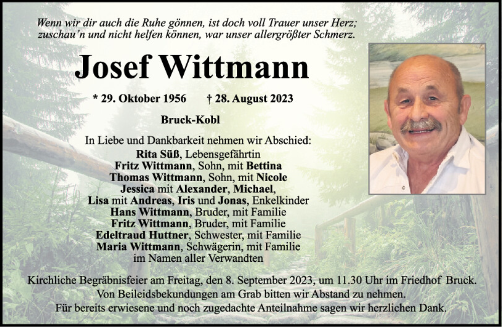 Traueranzeigen von Josef Wittmann | Mittelbayerische Trauer