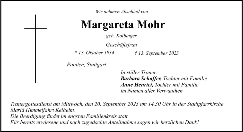 Traueranzeigen von Margareta Mohr | Mittelbayerische Trauer