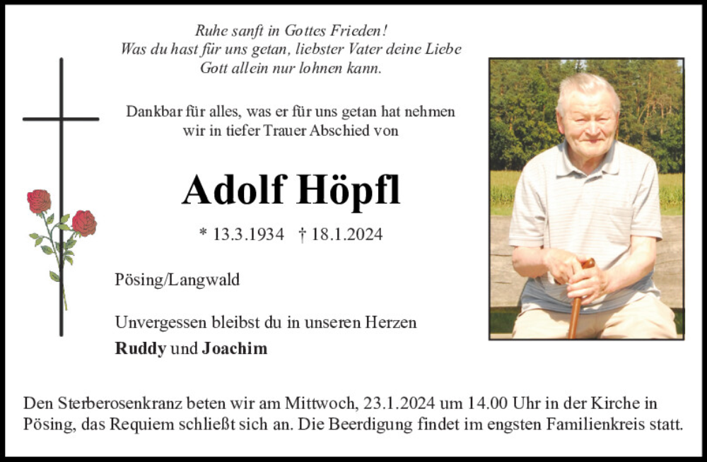 Traueranzeigen von Adolf Höpfl | Mittelbayerische Trauer