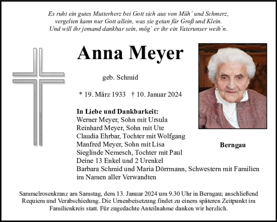 Traueranzeigen von Anna Meyer | Mittelbayerische Trauer
