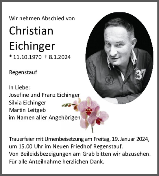 Traueranzeigen von Christian Eichinger | Mittelbayerische Trauer