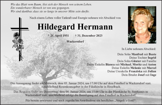 Traueranzeigen von Hildegard Hermann | Mittelbayerische Trauer