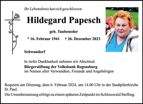 Traueranzeigen von Hildegard Papesch | Mittelbayerische Trauer
