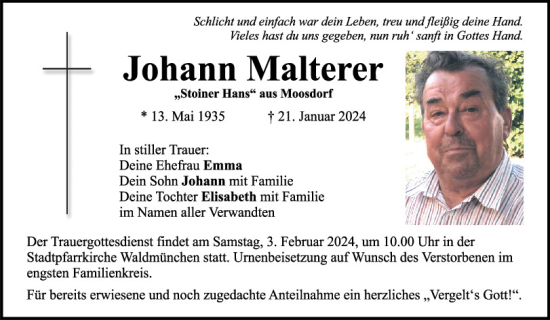 Traueranzeigen von Johann Malterer | Mittelbayerische Trauer