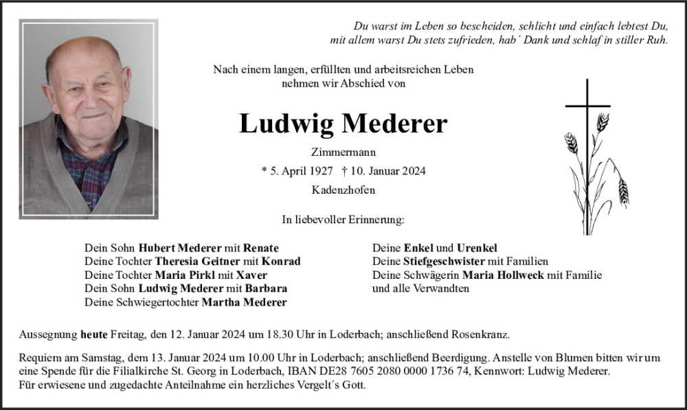 Traueranzeigen von Ludwig Mederer | Mittelbayerische Trauer
