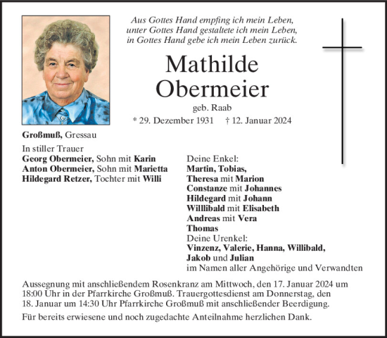 Traueranzeigen von Mathilde Obermeier | Mittelbayerische Trauer
