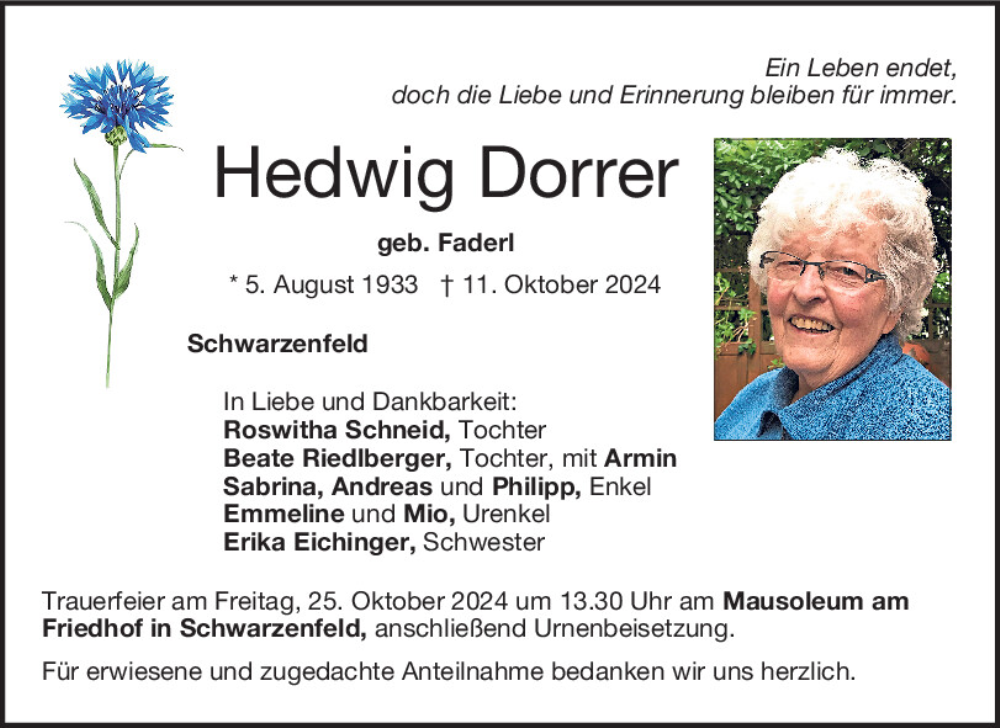 Traueranzeigen von Hedwig Dorrer | Mittelbayerische Trauer