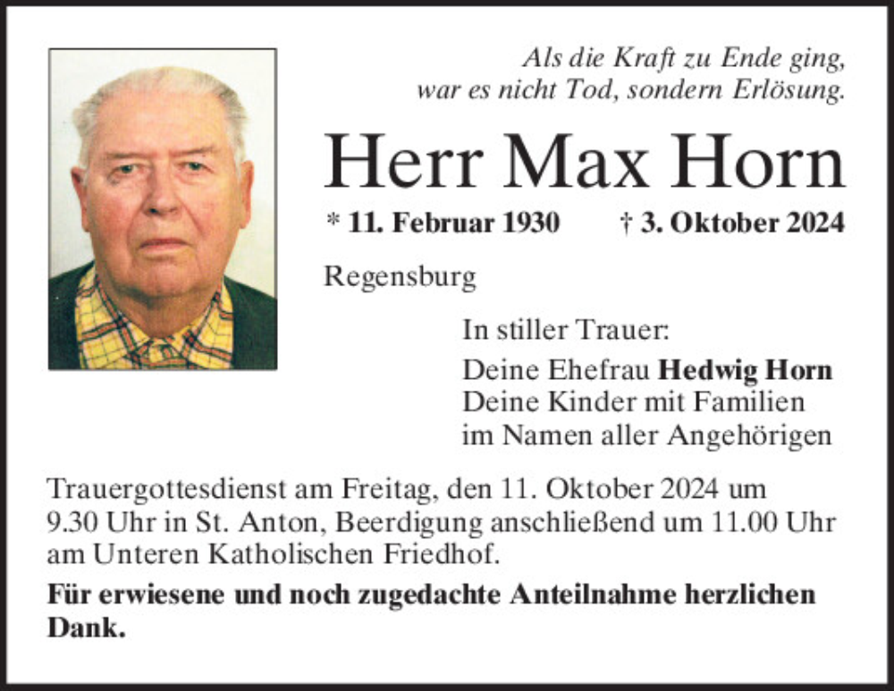 Traueranzeigen von Max Horn | Mittelbayerische Trauer