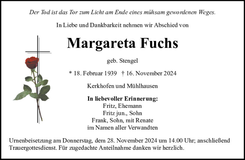 Traueranzeigen von Margareta Fuchs | Mittelbayerische Trauer