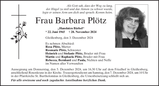 Traueranzeigen von Barbara Plötz | Mittelbayerische Trauer