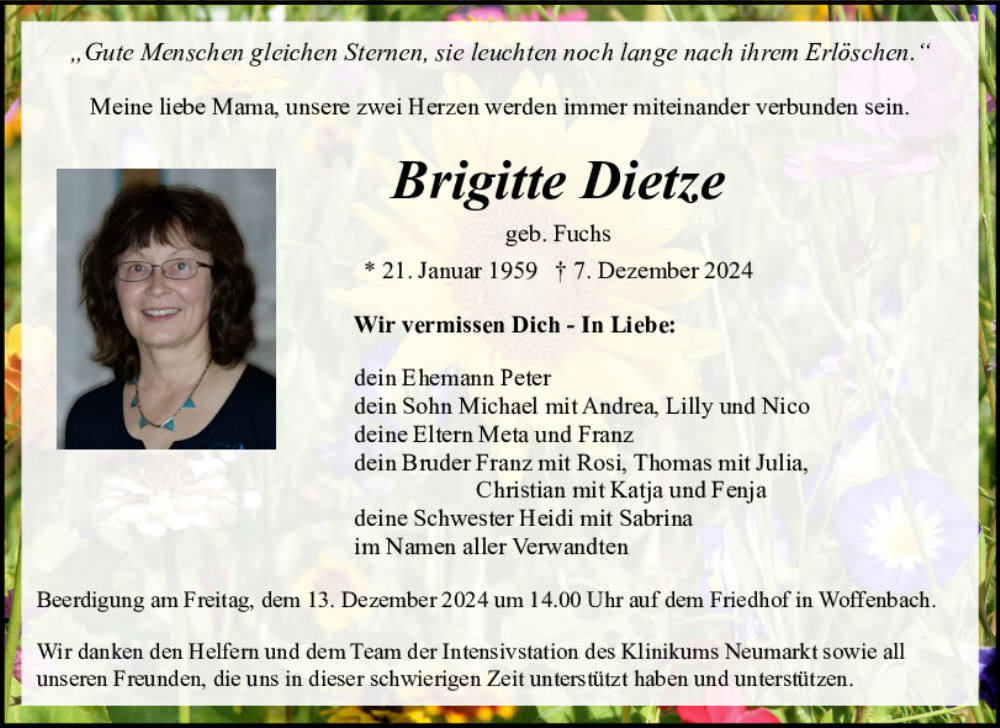 Traueranzeigen von Brigitte Dietze | Mittelbayerische Trauer