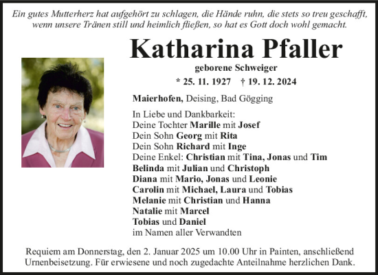Traueranzeigen von Katharina Pfaller | Mittelbayerische Trauer