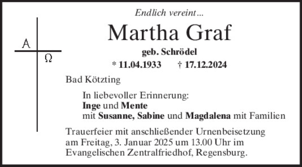 Traueranzeigen von Martha Graf | Mittelbayerische Trauer