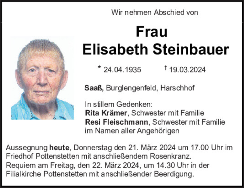 Traueranzeigen von Elisabeth Steinbauer | Mittelbayerische Trauer