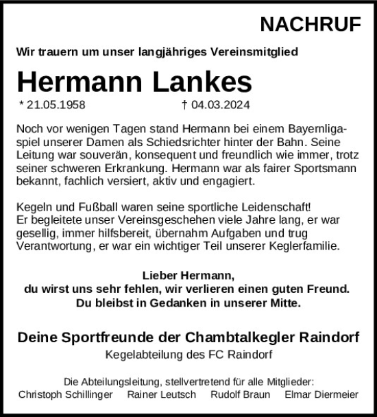 Traueranzeigen von Hermann Lankes | Mittelbayerische Trauer
