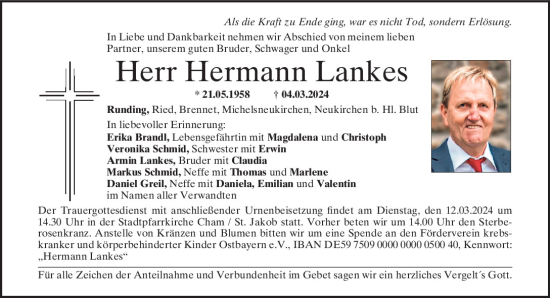 Traueranzeigen von Hermann Lankes | Mittelbayerische Trauer