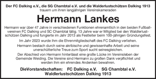 Traueranzeigen von Hermann Lankes | Mittelbayerische Trauer
