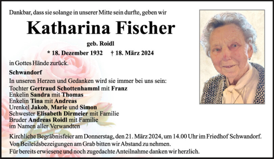 Traueranzeigen von Katharina Fischer | Mittelbayerische Trauer