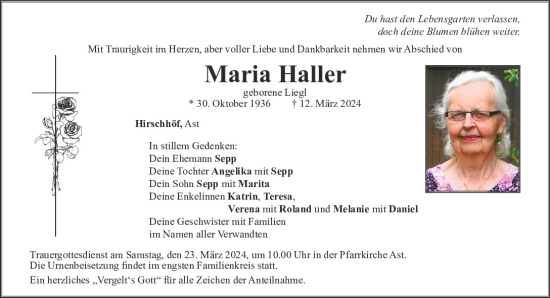 Traueranzeigen von Maria Haller | Mittelbayerische Trauer
