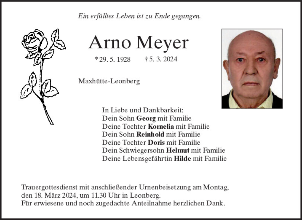 Traueranzeigen von Meyer Arno | Mittelbayerische Trauer