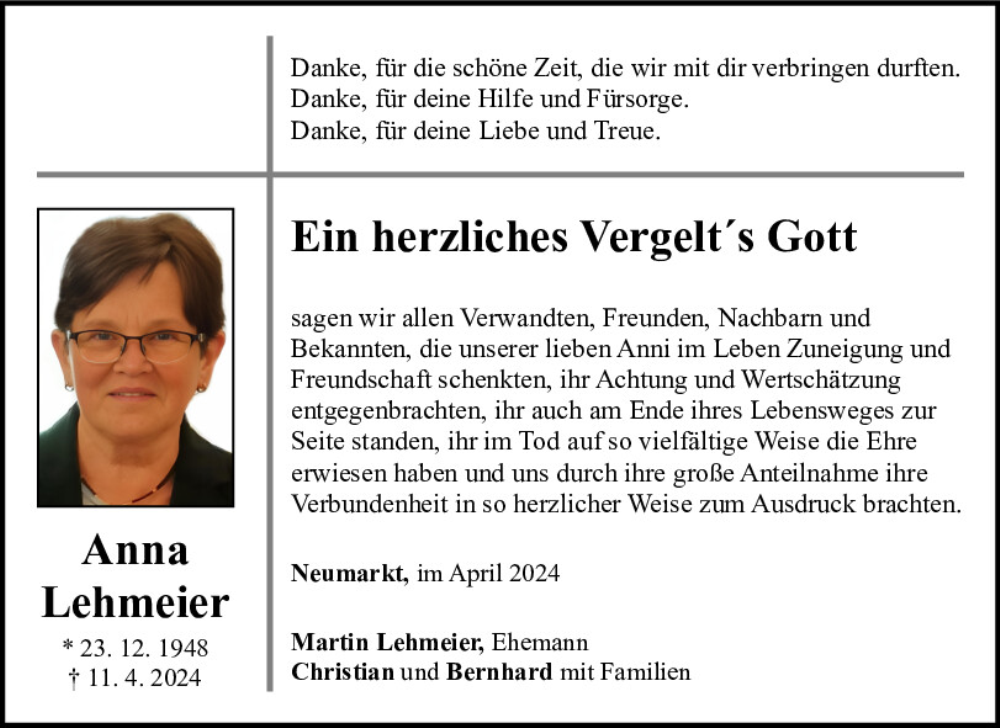 Traueranzeigen von Anna Lehmeier | Mittelbayerische Trauer